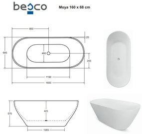 BESCO Volně stojící vana MOYA bílá lesklá Barva - Bílá lesklá, Barva sifonu - Chrom, Rozměr vany - 160 × 68 cm - VANMOYA160C