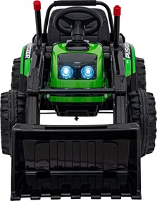 Ramiz Dětský bagr-traktor na baterie zelený + pohyblivé rameno s lžící + dálkové ovládání + pomalý start + FM rádio + LED