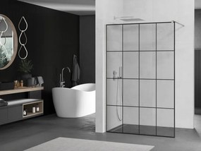 Mexen Kioto, sprchová zástěna Walk-In 130 x 200 cm, 8mm čiré sklo černý vzor, ​​broušená ocel profil, 800-130-101-97-77