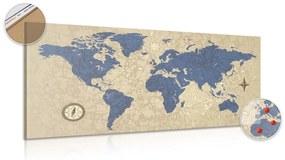 Obraz na korku mapa světa s kompasem v retro stylu