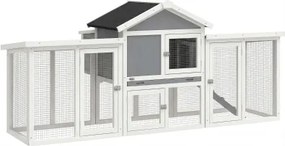 Slepičí kurník/králičí kurník PawHut model Chalet, multifunkční: rampy, hnízda, odkapávací miska, z masivního dřeva 204 x 85 x 93 cm, šedá