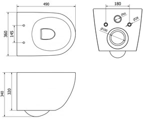 Mexen Lena, závěsná WC mísa 490x360x340 mm, Rimless Tornádo, černá matná, 3322XX85T