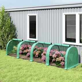 Mini skleník Outsunny - mini tunelový skleník pro pěstování rajčat 4 x 1 x 0,8 m, ocel, vysokohustotní PE 140 g/m², proti UV, 4 dveře s rolovacím zip…