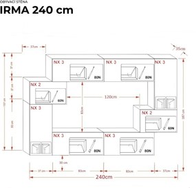 Ral Obývací stěna IRMA 2, 240 cm - Bílo/černý lesk