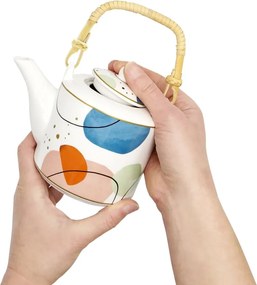 Porcelánová čajová souprava Shapes, konvice 0,6 l – s bambusovým držadlem, se 2 šálky, abstraktní design, s nerezovým sítkem