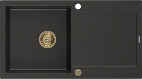 Mexen Leo, dřez granitový 900x500x190 mm, 1-komorový, černá-zlatá metalíza se zlatým sifonem, 6501901010-75-G