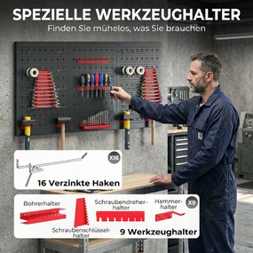 HOMCOM nástěnný pegboard 3×60 × 40 cm, 28dílný držák nářadí s háčky a přihrádkami, černá/červená