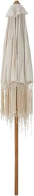Bílý slunečník s dřevěnou tyčí a třásněmi Macrame - ∅ 200 * 250 cm