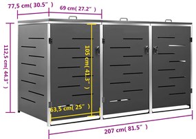 vidaXL Marketos Přístřešek na tři popelnice 207 x 77,5 x 112,5 cm nerezová ocel