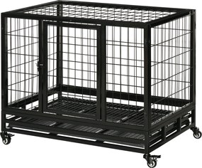 PawHut Metalová klec pro psy s kolečky a brzdami, odnímatelný zásobník a dvířka s pojistkou pro zlatého retrívra labradora 92x62x75 cm Černá | Aosom