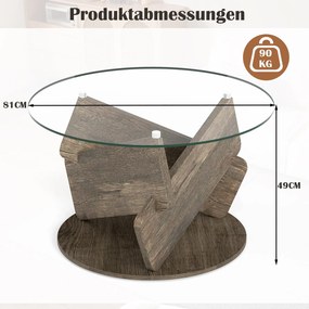 Costway Kulatý skleněný stůl s deskou z tvrzeného skla a masivním dřevěným rámem