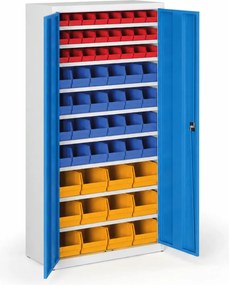 Skříň s plastovými boxy BASIC - 1800 x 400 x 920 mm, 24xA/24xB/12xC, šedá/modré dveře