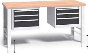 Výškově nastavitelný pracovní stůl do dílny G3 se 2 závěsnými boxy na nářadí, buková spárovka, 6 zásuvek, 1700 x 685 x 840 - 1050 mm, grafit