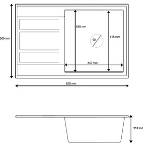 Gamma Modern 6550, 1-komorový granitový dřez 650x500x210 mm s krátkým odkapávačem, černá skvrnitá, GMA-ZLE000090