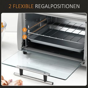 HOMCOM Elektrická trouba 10L, nastavitelná teplota a časovač, gril a pánev v balení, 750W, 36.5x26x22cm, stříbrno-černá