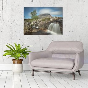 Skleněný obraz vodopádů a hory (70x50 cm)