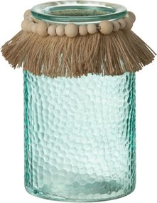 Tyrkysový skleněný svícen s dřevěnými korálky - Ø 12*18cm