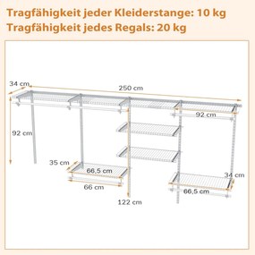 Costway Otevřená skříň 122 - 244 cm Rozšiřitelná nástěnná Úložný systém