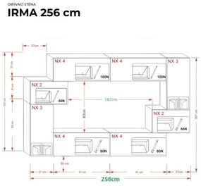 Ral Obývací stěna IRMA 6, 256 cm - Bílo/černý lesk