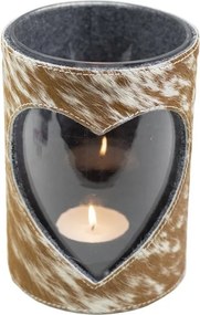 Svícen Srdce z hovězí kůže bílo hnědá 20cm - 15*15*20,5cm
