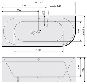 Polysan, VIVA L MONOLITH asymetrická vana 180x75x60cm, bílá, 72099M