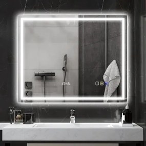 HOMCOM Koupelnové zrcadlo LED Bluetooth 80 x 100 cm dotykový spínač, nastavitelný světelný výkon 3 barvy, Anti-Fog, paměť, stříbrné