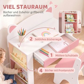 AIYAPLAY dětský stůl se židlí 2dílná dětská sezení s knihovnou a zásuvkou, design liška pro děti 3-8 let, bílo+růžové