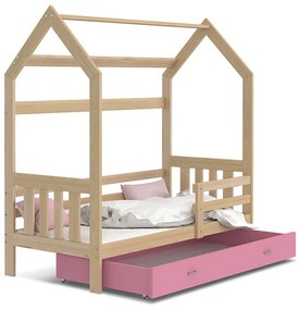 BabyBeds Dětská postel domeček se zábranou a úložným prostorem borovice Velikost postele: 160x80 cm, Barva šuplíku: Růžová