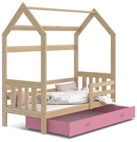 BabyBeds Dětská postel domeček se zábranou a úložným prostorem borovice Velikost postele: 190x80 cm, Barva šuplíku: Růžová