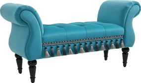 HOMCOM Čalouněná lavice, Sametový vzhled, Luxusní lavice s dřevěnými nohami, Chodní lavice do ložnice, nosnost až 150 kg, Modrá, 117 x 40 x 58 cm
