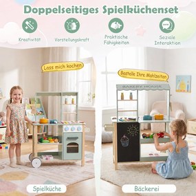 Costway Dětská kuchyňka ze dřeva, kuchyňka s madlem, vařičem a kolečky pro děti
