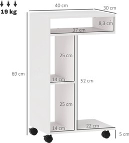 HOMCOM C-Shape Noční Stolík se 4 Policemi, Kolečky, Konferenční Stolek, Stolek do Obývacího Pokoje pro Laptop 40 x 30 x 69 cm Bílý