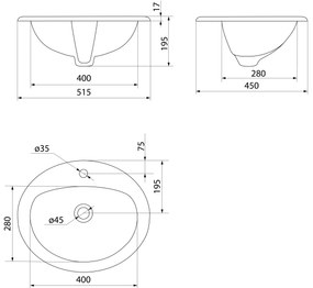 Aqualine Aqualine, Keramické umyvadlo zápustné 52x45cm, bílá, 55227