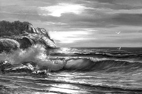 Samolepící tapeta ráno na moři v černobílém provedení - 150x100 cm