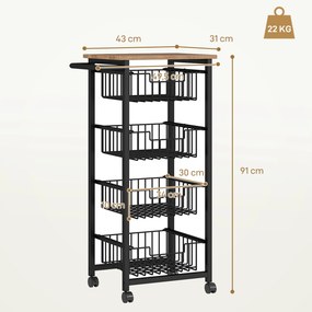 HOMCOM Kuchyňský vozík s pracovním stolem, 4 výsuvné ocelové koše, pojízdný vozík do kanceláře, 49,5 x 31 x 91 cm, Dub