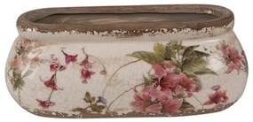 Béžový keramický oválný obal na květináč s květinami v antickém stylu s odřením – 18x8x7 cm