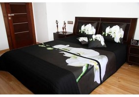 Přehoz na postel černý s bílou orchidejí