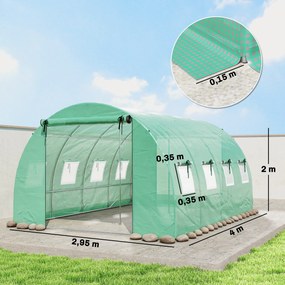 Skleník cca 4 x 3 x 2 m Fóliový skleník s rolovací tyčí 2 dveře na zip a 8 oken se síťkou Podpěrné tyče Zelená barva