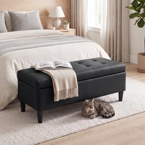 HOMCOM lavice s úložným prostorem 136L, velký úložný puf 110x41x42 cm, vhodný pro domácí mazlíčky, umělá kůže, černá