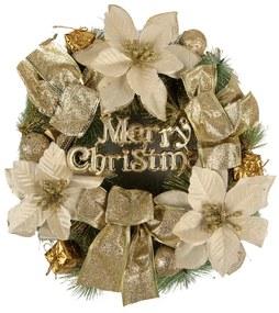 Zlatý vánoční věnec s květinami a nápisem Merry Christmas – 30 cm
