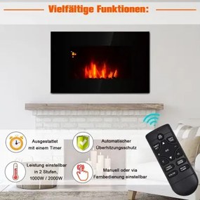 HOMCOM® Elektrokamin LED nástěnný krb s efektem plamene a dálkovým ovládáním