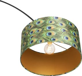 Botanická oblouková lampa s černým sametovým stínítkem s motivem páva 50 cm - XXL