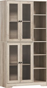 HOMCOM kuchyňská skříňka s vitrínou se 4 skleněnými dveřmi Soft-Close a nastavitelnými policemi, 90x35x172 cm, šedá