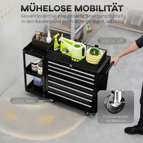 Dílenský vozík Vozík na nářadí se 7 zásuvkami odnímatelná boční police 4 kolečka s parkovací brzdou, 96x33,5x75cm, černá barva
