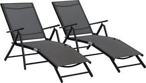 Set 2 skládacích zahradních lehátek Outsunny s 7-mi polohovým nastavitelným opěradlem, hliníkové lehátko na pláž s prodyšnou síťovinou, černé | Aosom