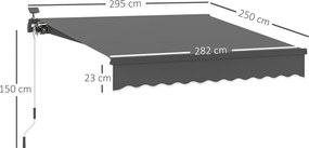 Svěrná markýza s ruční klikou Solární světlo Markýza se sklopným ramenem Markýza s ochranou proti slunci UV 50+ 300 cm široká Šedá