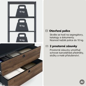 Regál se zásuvkami do kanceláře, na šanony a dokumenty, otevřené police, kovový, antracitový/ořech, 800x2200x400 mm: ARIEL Eco Design
