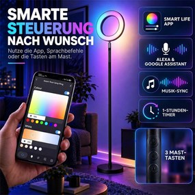 HOMCOM Stojací lampa 42W LED stmívatelná, 3 barevné teploty, stropní reflektor s nastavitelnou hlavou ve tvaru kruhu, černá