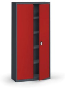 Plechová policová skříň na nářadí KOVONA, 1950 x 950 x 400 mm, 4 police, antracit/červená
