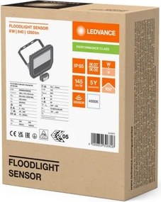 LED reflektor s pohybovým čidlem LEDVANCE FLOODLIGHT černý SENSOR 8W/6W 1200/850lm 4000K neutrální bílá IP65